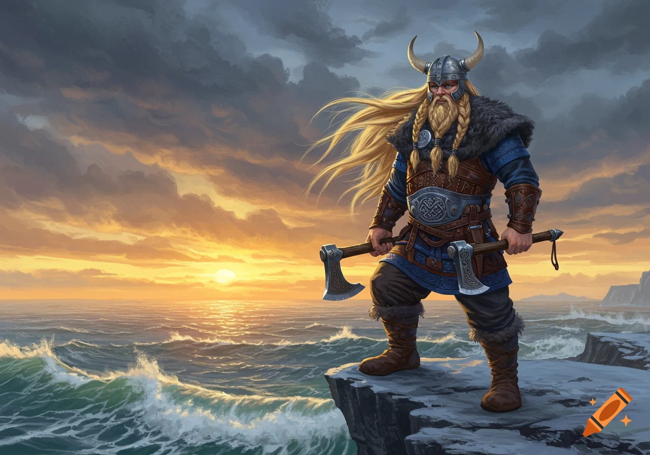 A stylized Viking warrior with a beard and war paint holds an axe over ...