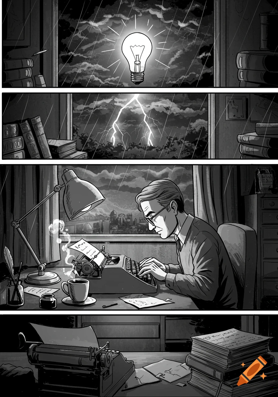 A black and white storyboard with multiple panels showing a city scene ...