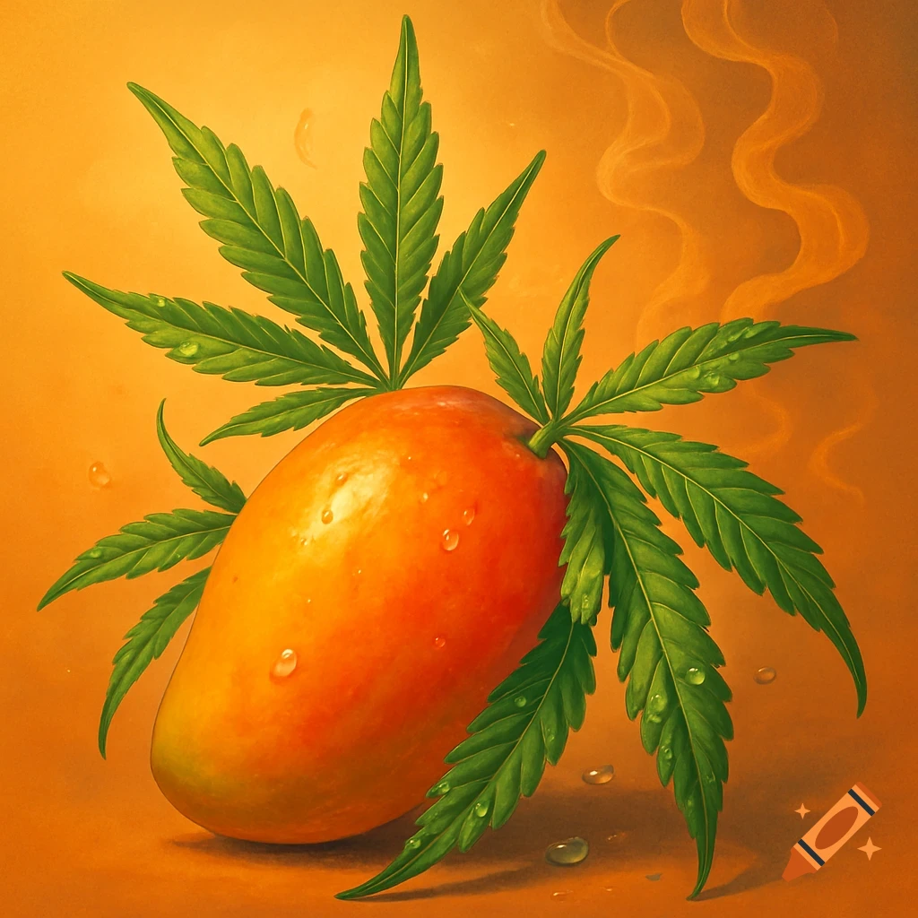 A ripe, orange mango with green cannabis leaves sprouting from its stem ...