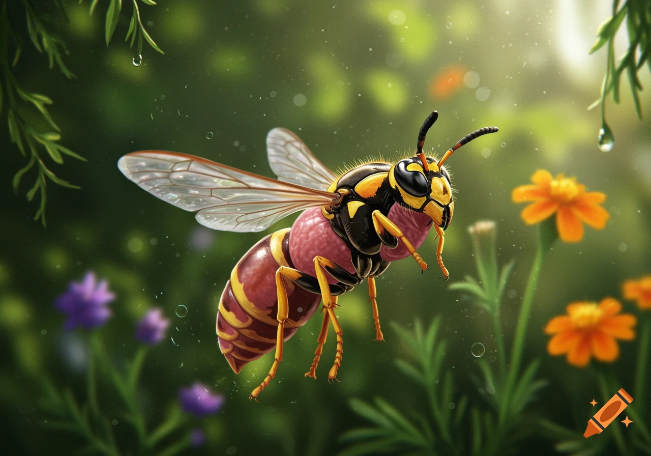 A colorful, stylized wasp with a pink, rounded body hovers in a lush ...