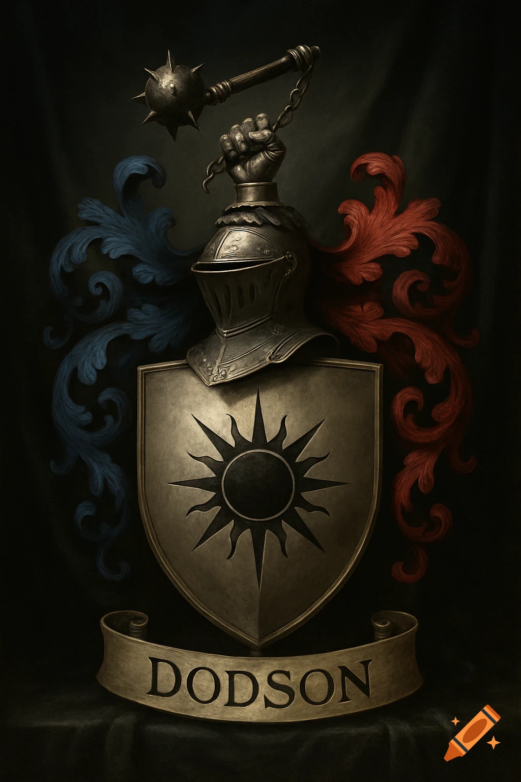 A dark, stylized family crest featuring a knight's helmet, a shield ...