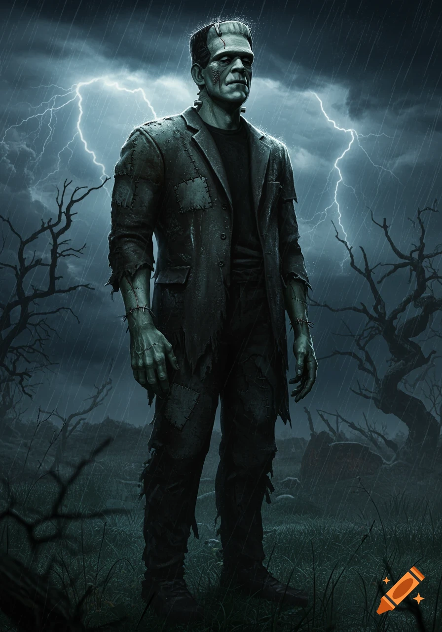 A realistic depiction of Frankenstein's monster standing in a stormy ...