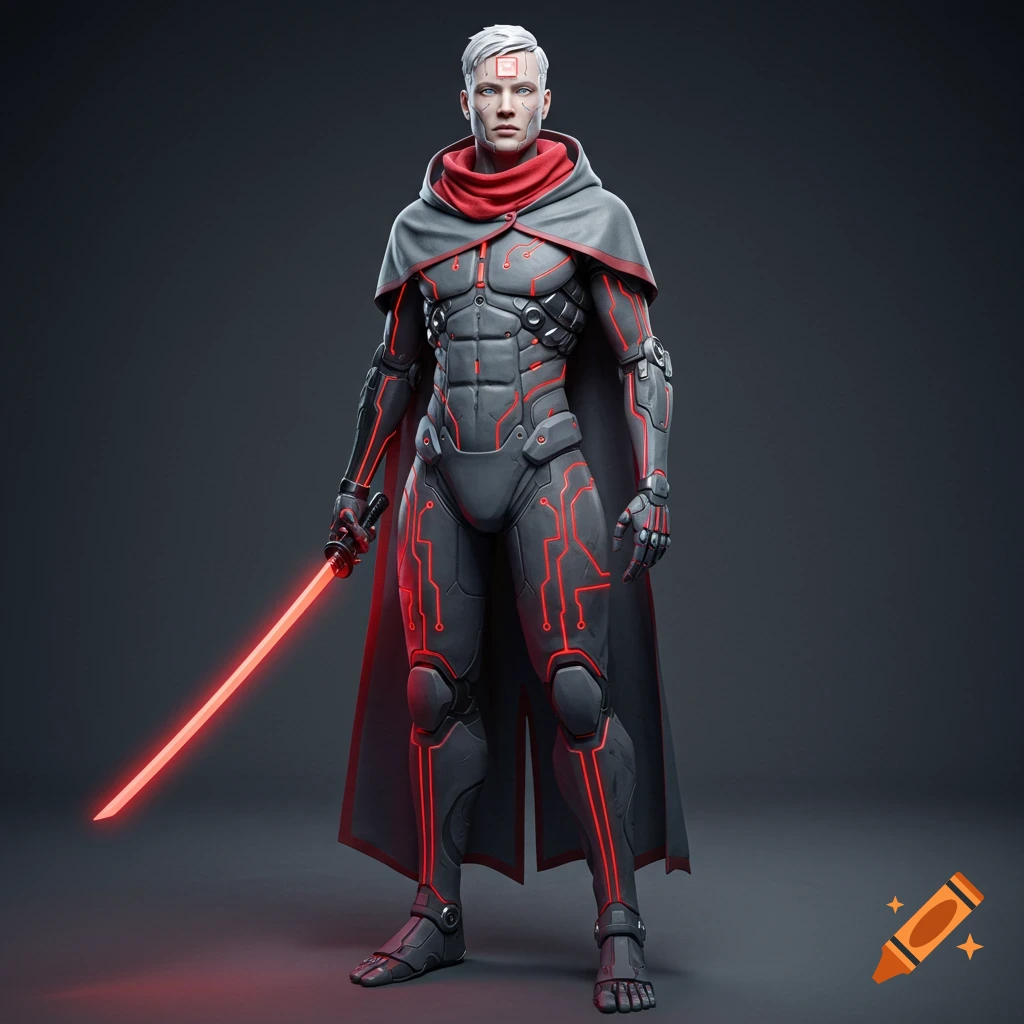 A futuristic humanoid character in grey armor with red glowing circuits ...