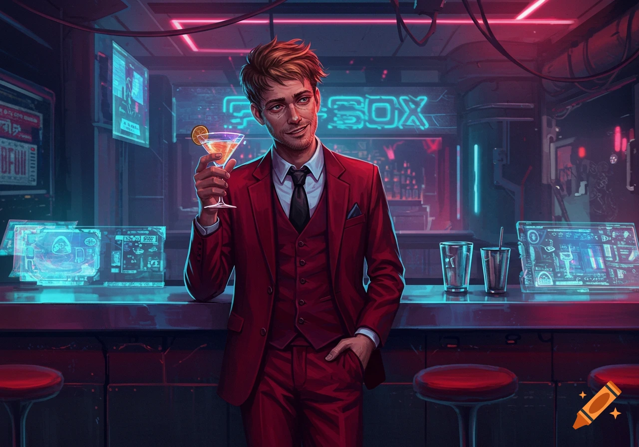A scruffy, roguish young man in a red suit stands at a bar in a neon ...