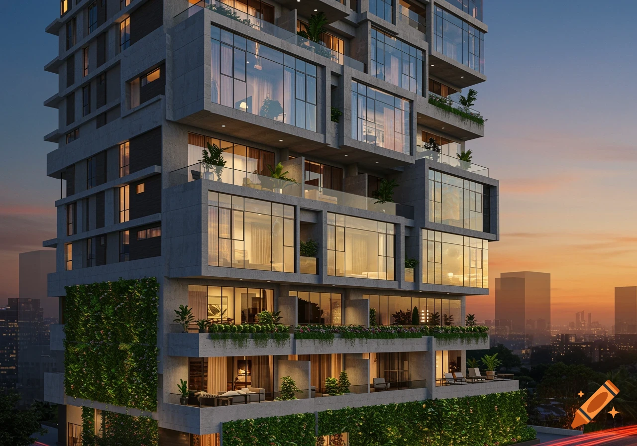 A modern multi-story condo building with large glass windows, balconies ...