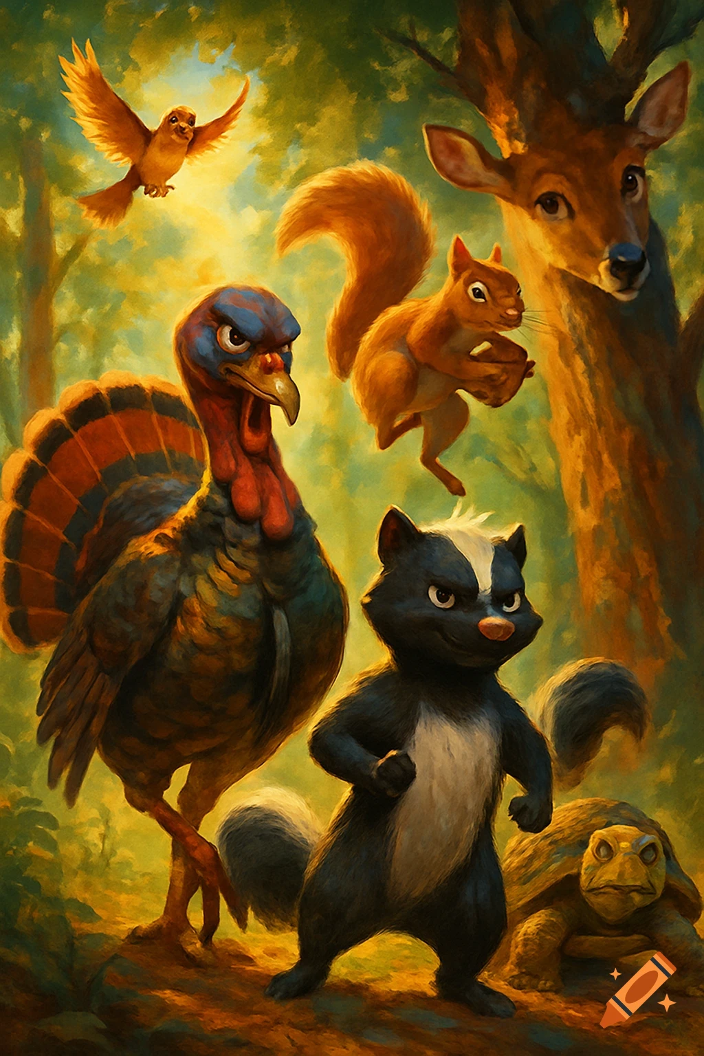 A group of animated forest animals including a turkey, skunk, squirrel ...