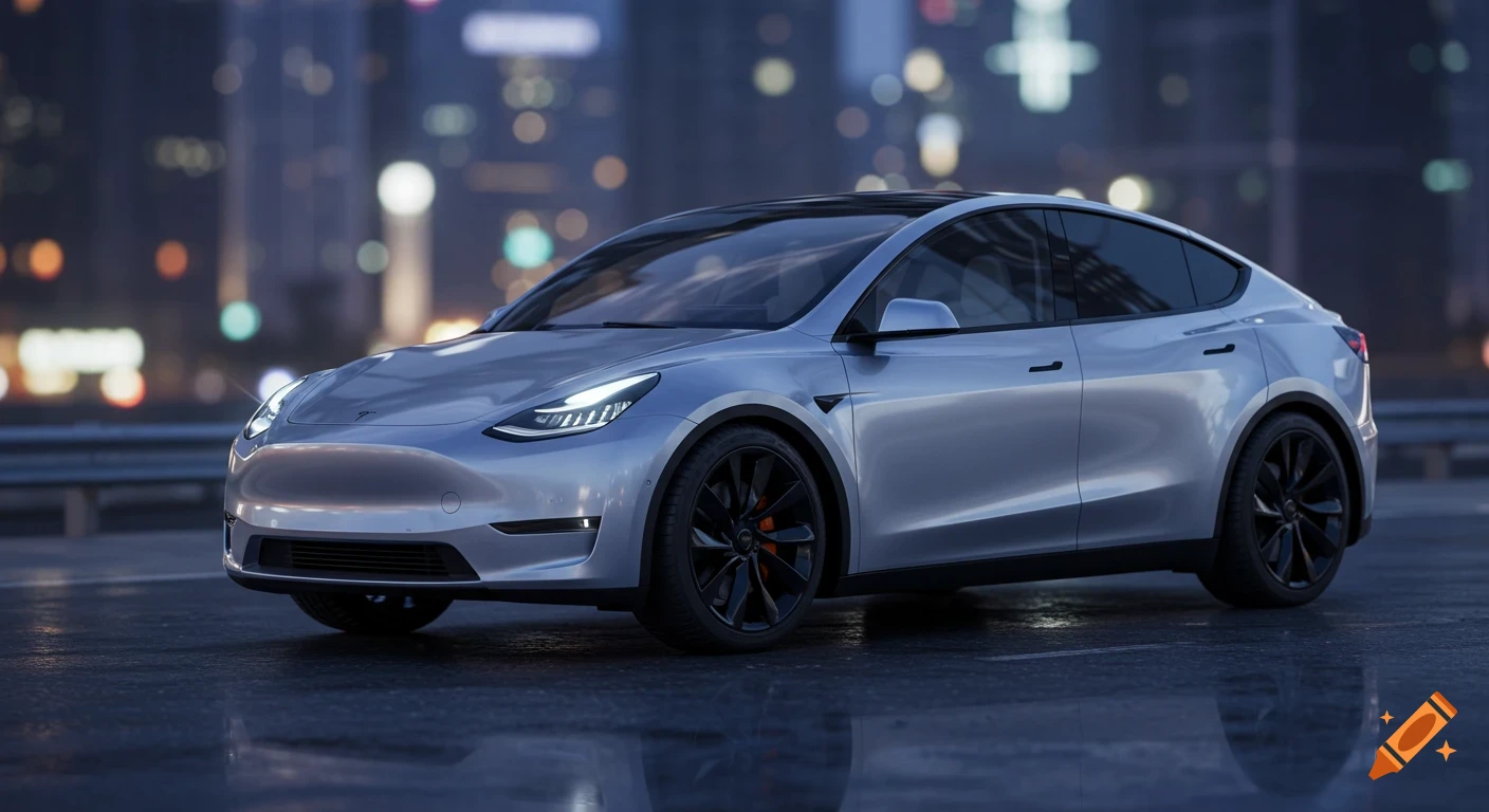 A man crouches behind a gray Tesla Model S on a rural road, connecting ...