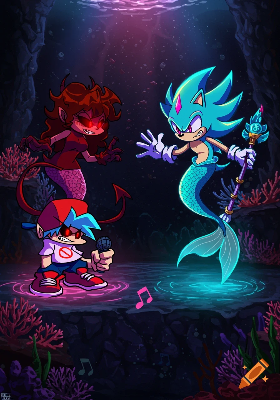 Boyfriend and demon GF from FNF face off against mermaid Super Sonic in ...