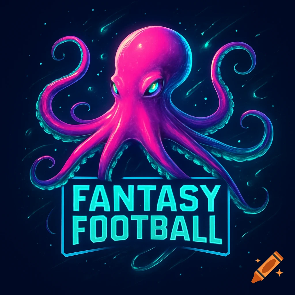 A vibrant neon pink octopus with glowing eyes over a blue banner that ...