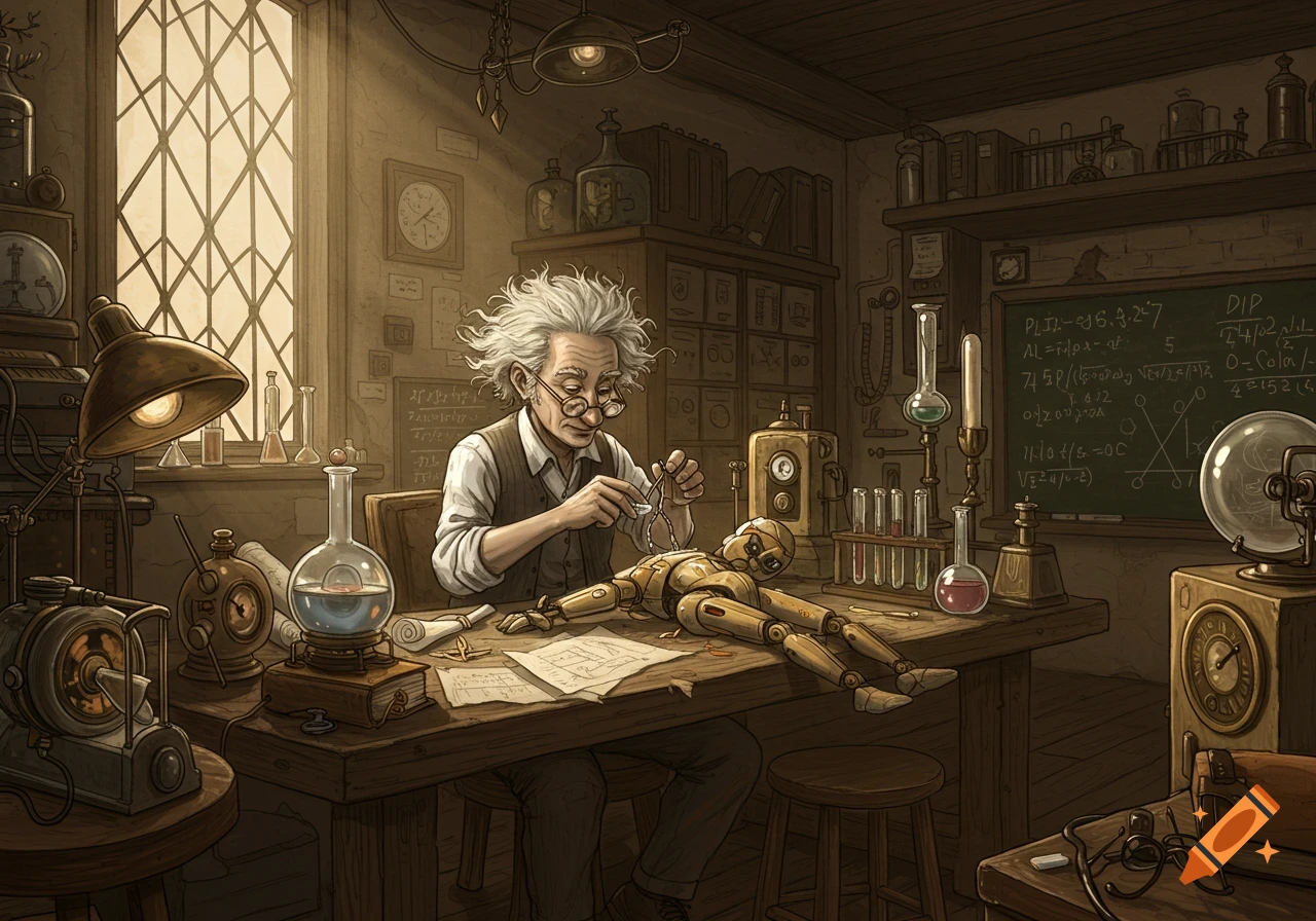 An illustrated young inventor in a cluttered workshop holding two ...