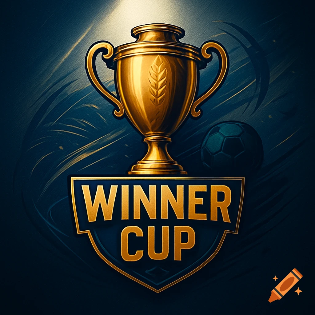 A golden trophy with 'WINNER CUP' text on a blue shield logo, a soccer ...