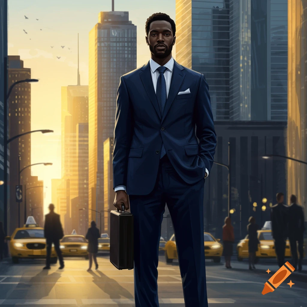 A man in a black suit and blue tie stands in a city street at sunset ...