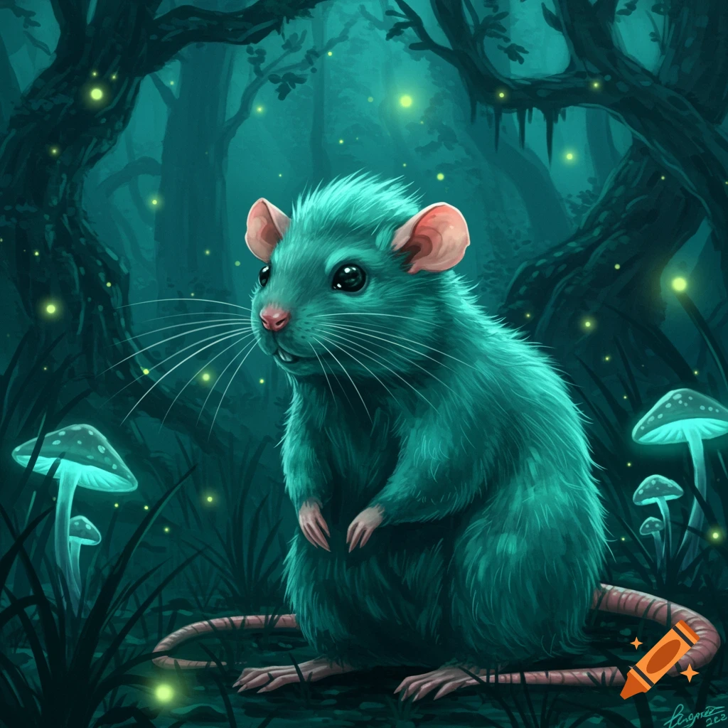 A teal-green rat sits in a dark, glowing fantasy forest with luminous ...