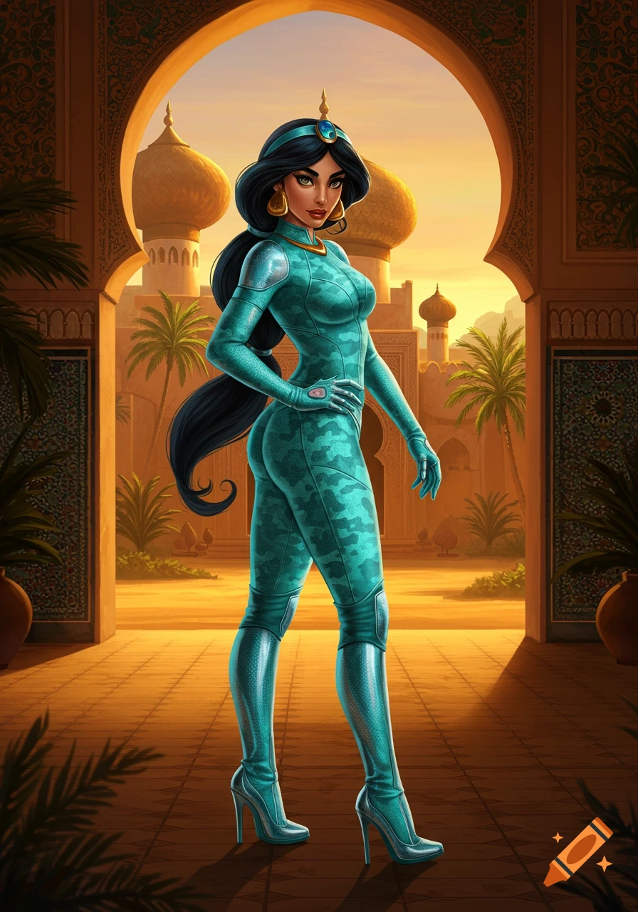 Princess Jasmine in her iconic teal outfit stands in an opulent, star ...