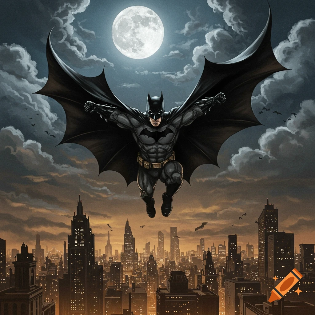 The Batman symbol projected onto a full moon in a cloudy, rainy night ...