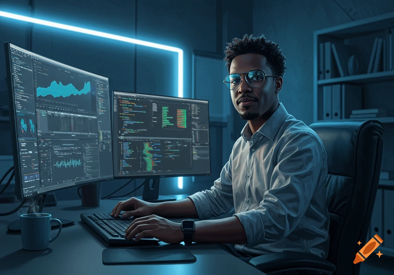 A man wearing glasses types on a keyboard in a blue-lit room with two computer monitors ...