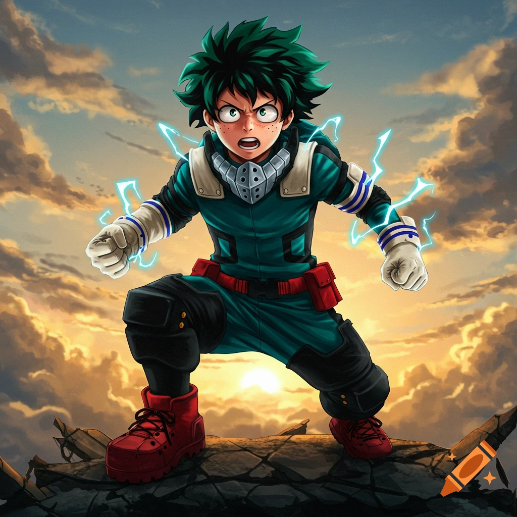 Anime character Izuku Midoriya in a dark suit with glowing blue lines ...