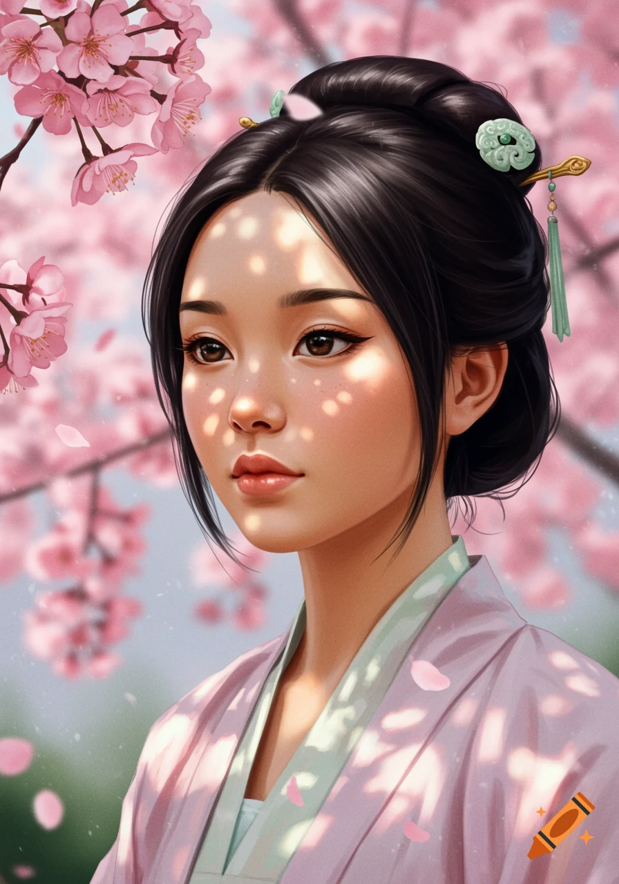 A smiling chibi-style Asian girl in a red kimono and bamboo hat waves ...