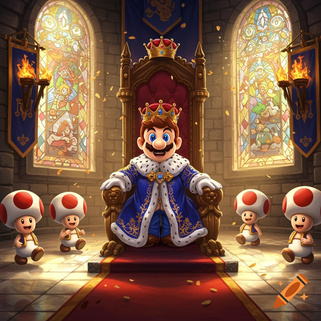 King Mario sits on a golden throne in a castle hall, holding a scepter ...