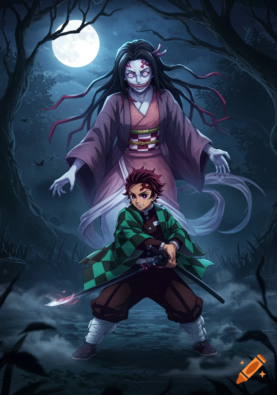 An anime woman with a bamboo muzzle holding hands with two smiling ...