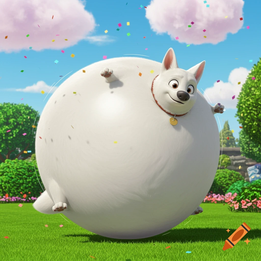 A cartoon white dog, Bolt, inflated like a giant balloon, floats above ...