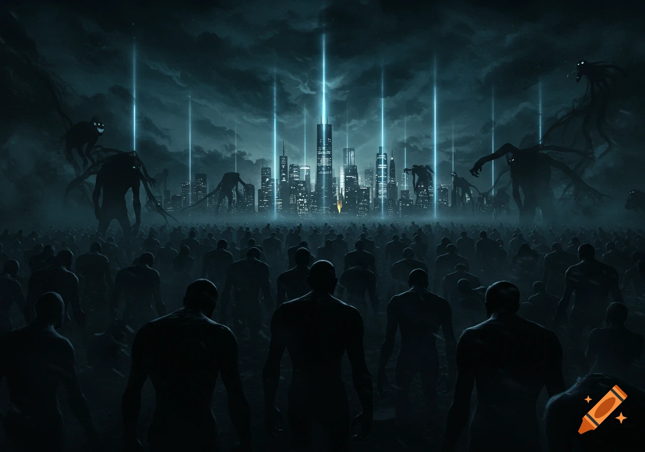 A dark, shadowy figure with glowing eyes in a long coat walks forward ...