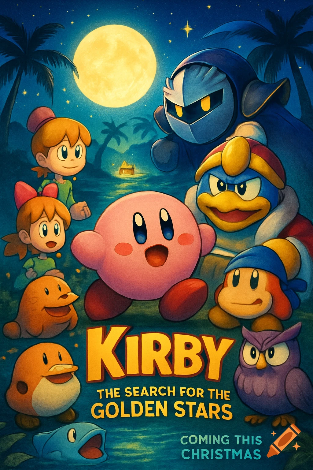 A colorful poster featuring Kirby and other characters like King Dedede ...