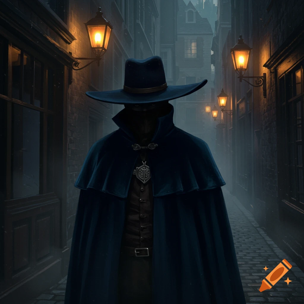 A mysterious figure in a dark blue cloak and wide-brimmed hat stands in a dim, gas-lit alley. on ...