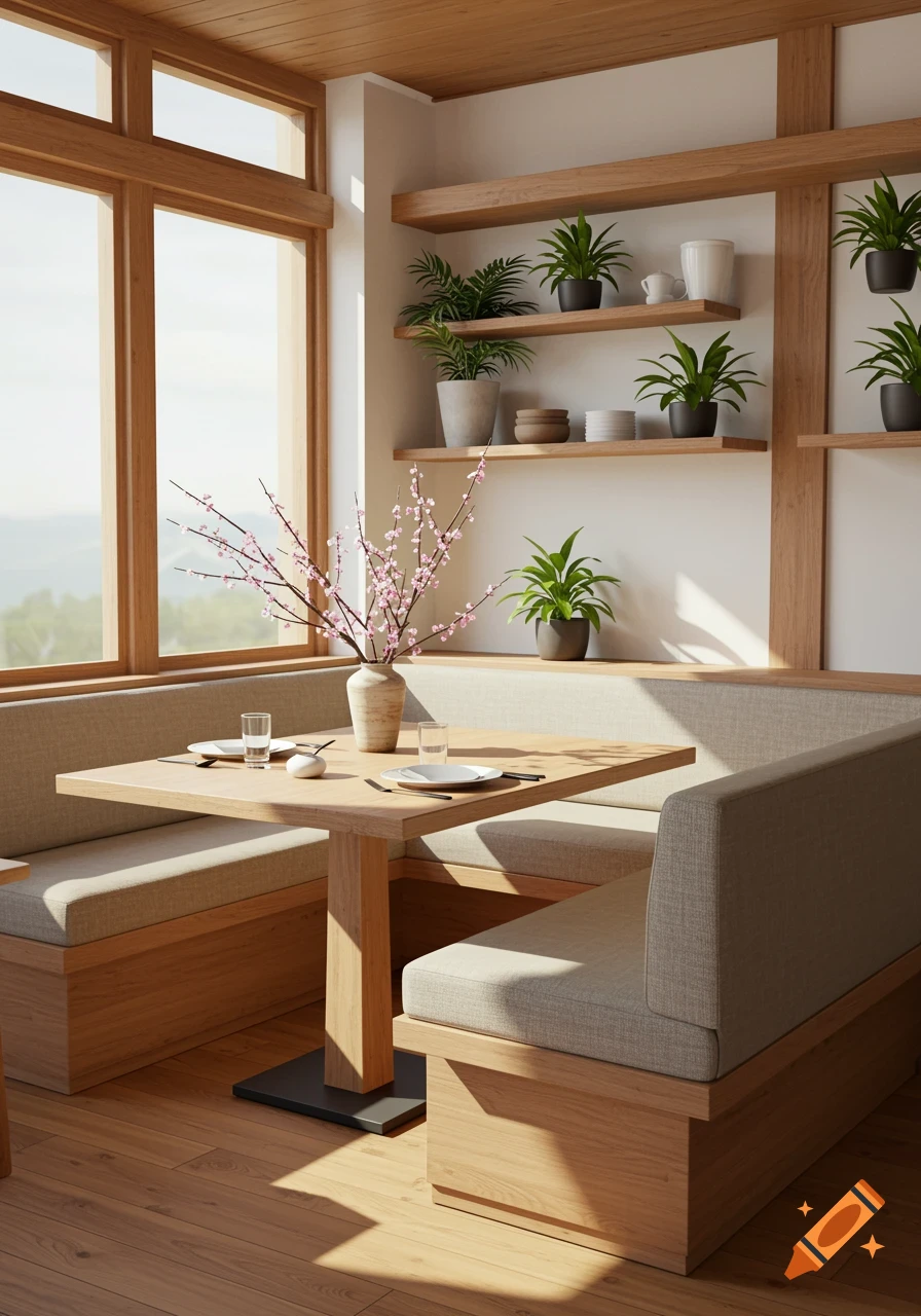 A bright Japandi-themed dining room with built-in banquette seating, a ...