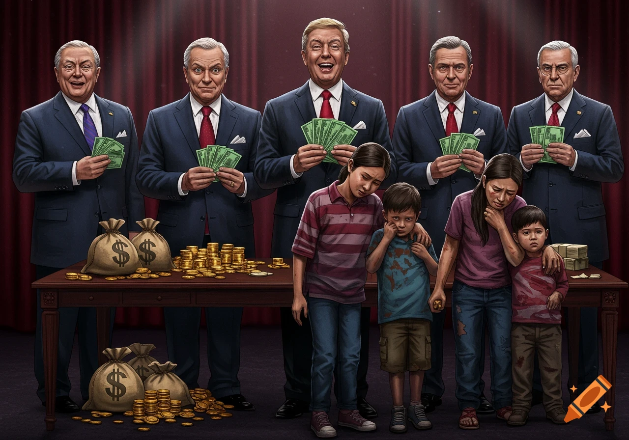 A grotesque figure in a presidential suit and mask stands behind a desk ...