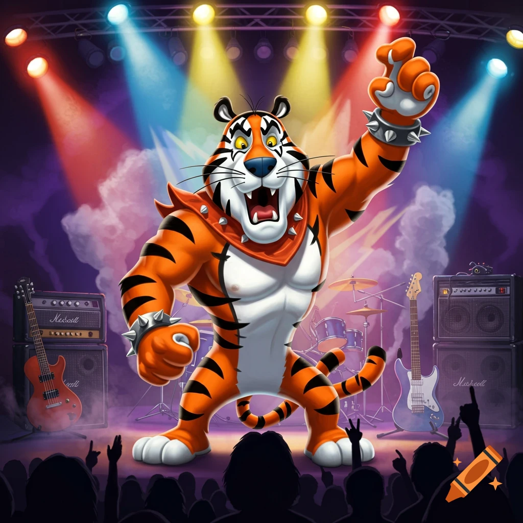 A cartoon tiger rock star on stage, wearing a spiked collar and ...