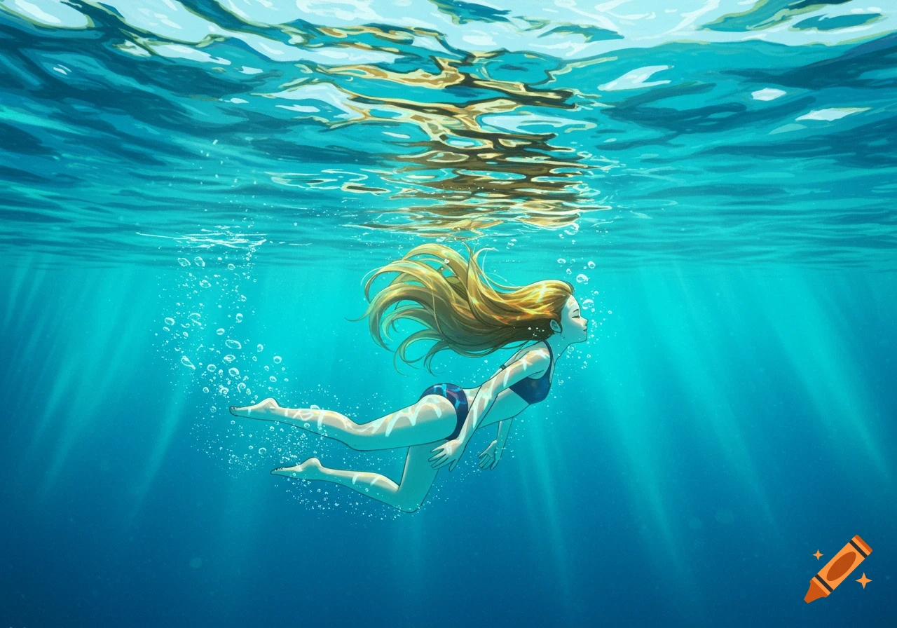 Cartoon girl with blonde hair scuba diving near a colorful coral reef ...