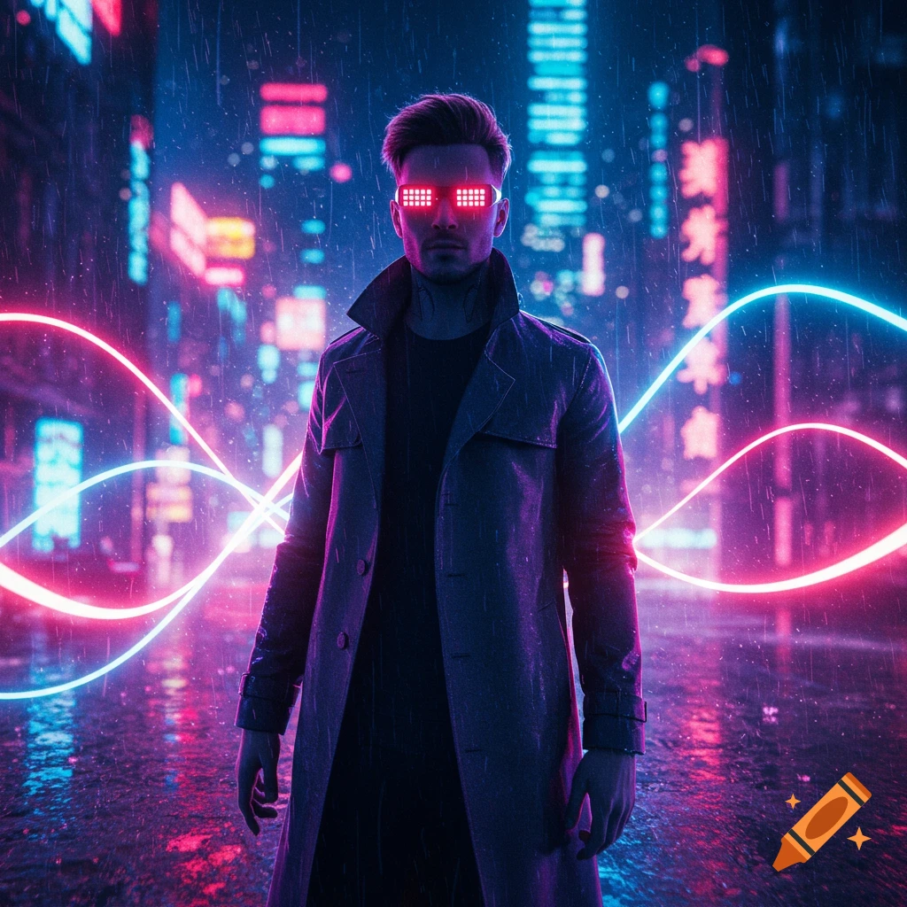 A bald man in glasses and underwear sits on a bed in a futuristic ...