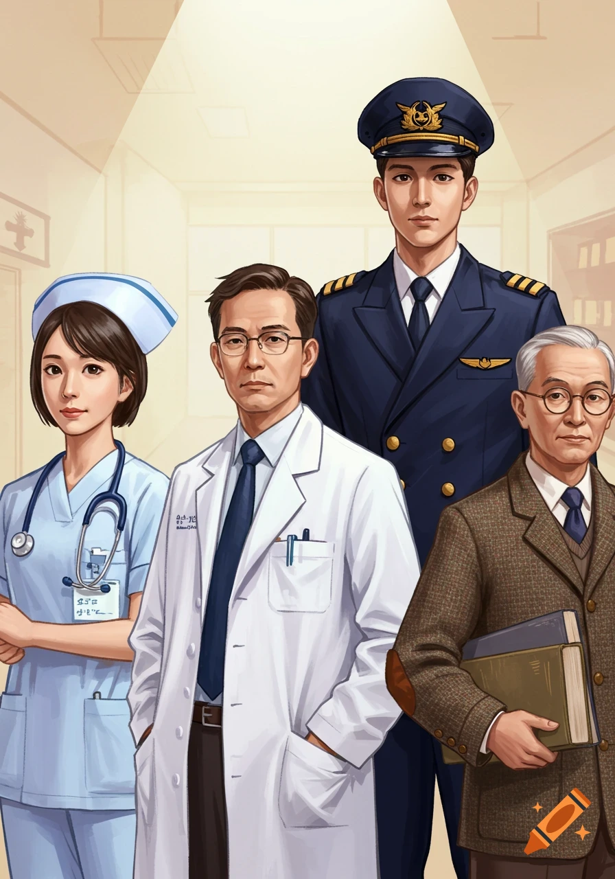 An illustration of a nurse, pilot, and professor standing together. A ...