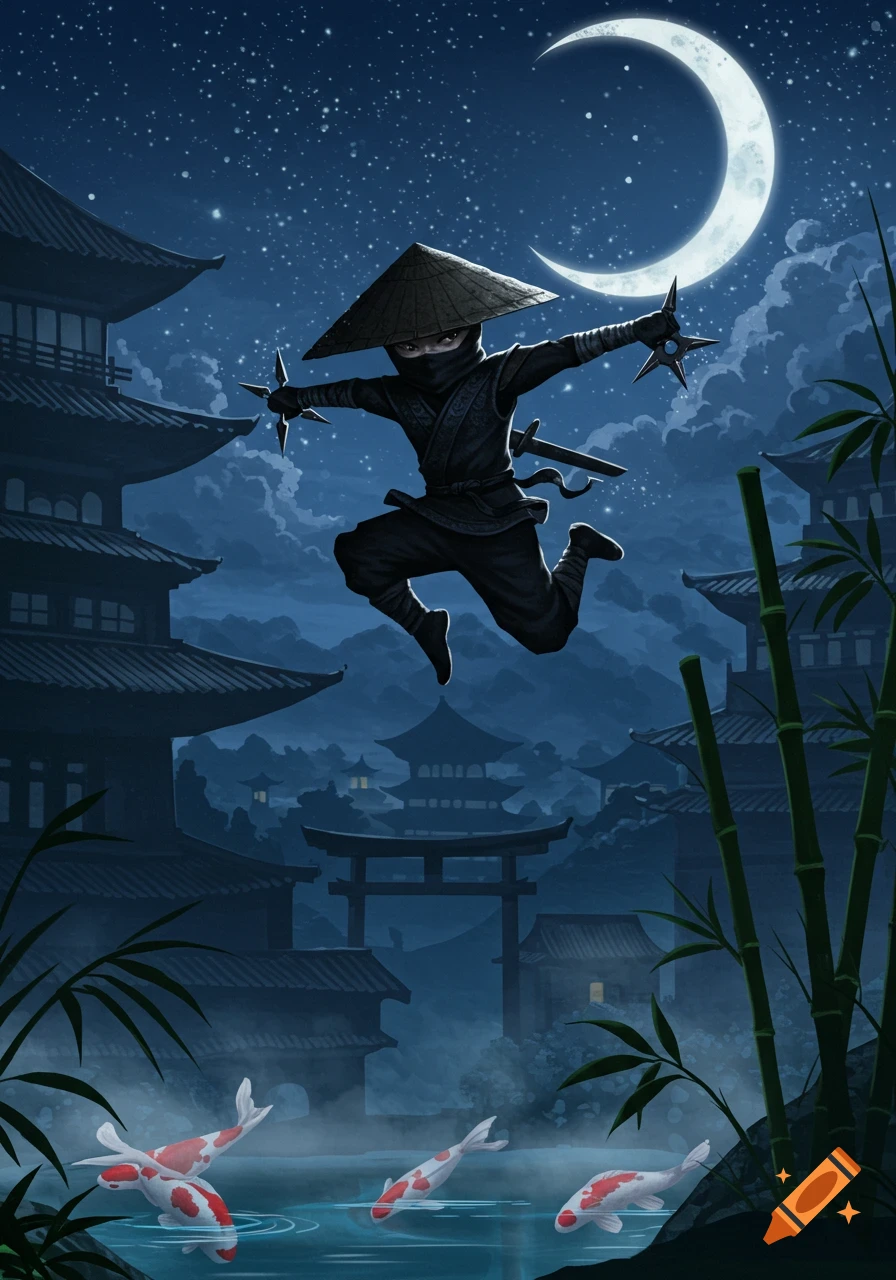 Ninja jumping from roof on Craiyon