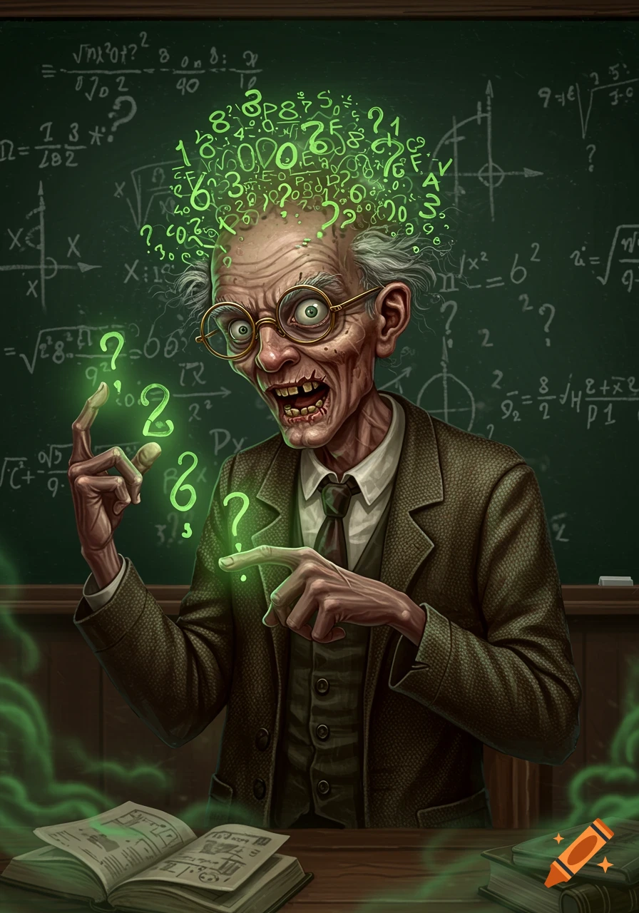 A grotesque, zombie-like professor with glowing green math symbols and ...
