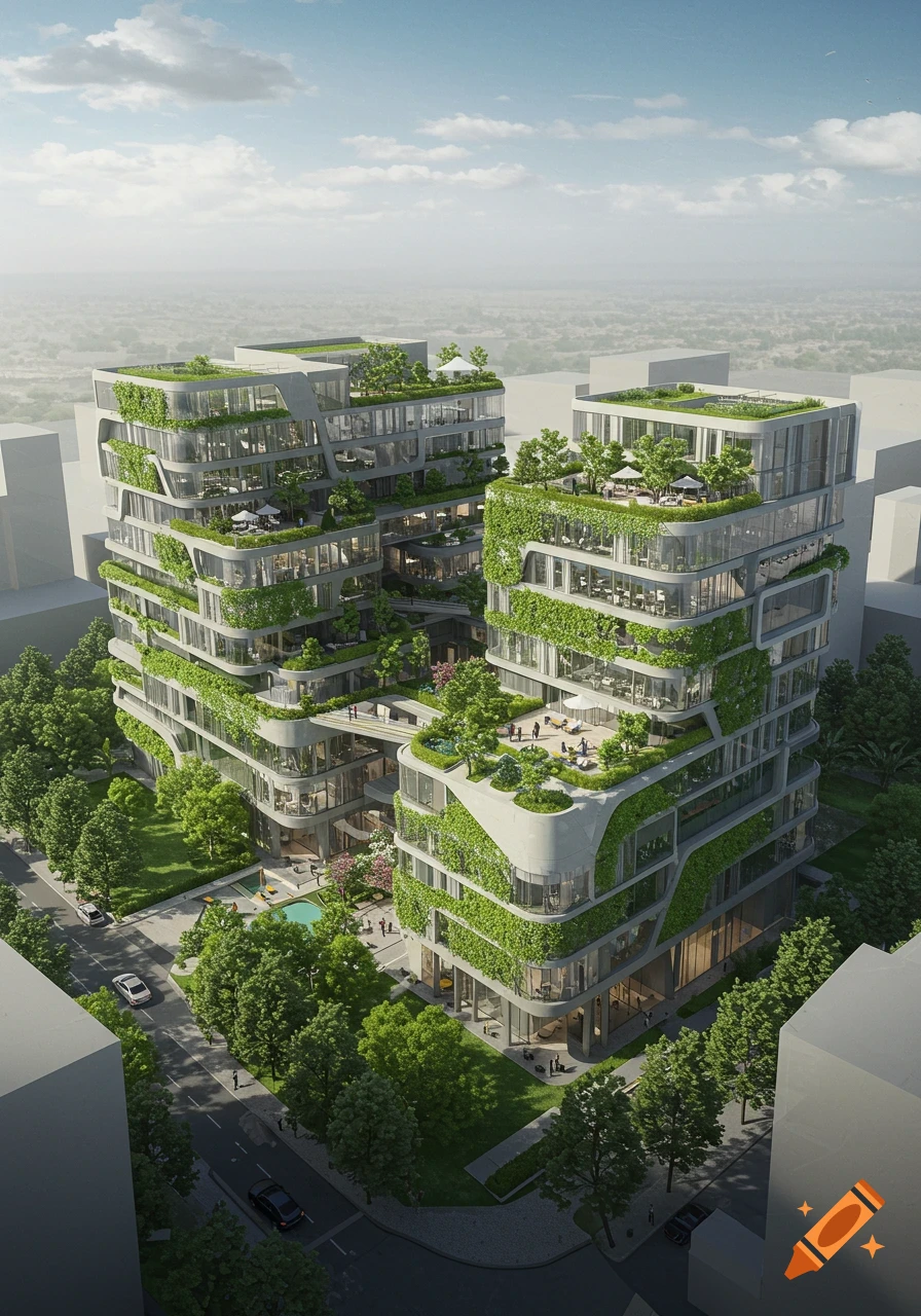 Aerial view of two modern high-rise buildings covered in lush green plants and trees, with ...