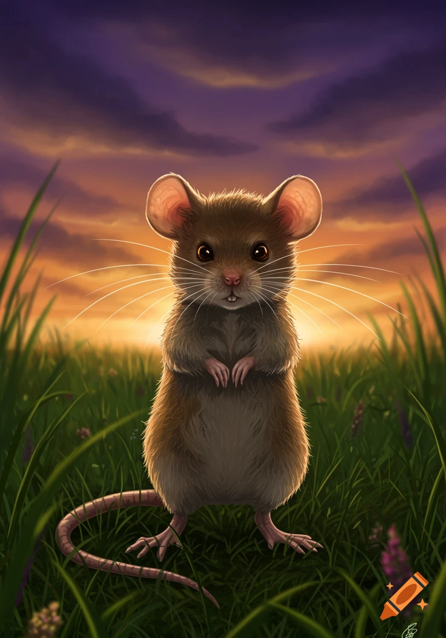 A cute brown mouse with large ears stands in green grass at sunset. on ...