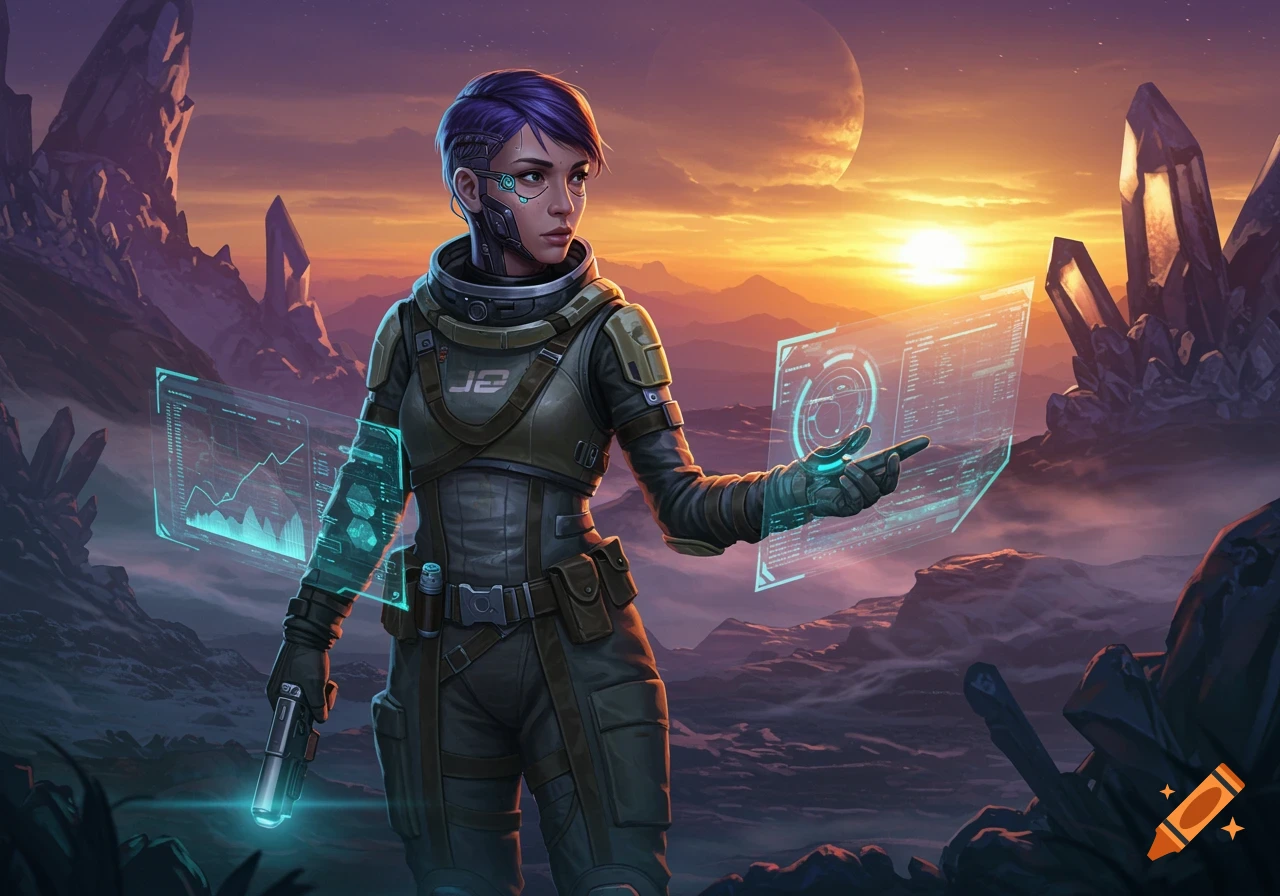 A female space explorer in a sci-fi suit on an alien planet, holding holographic displays with ...