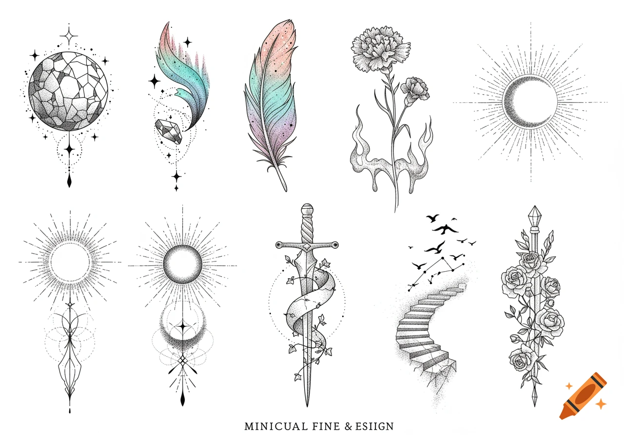 Simplistic black outline occult symbols, including crescent moons, an ...