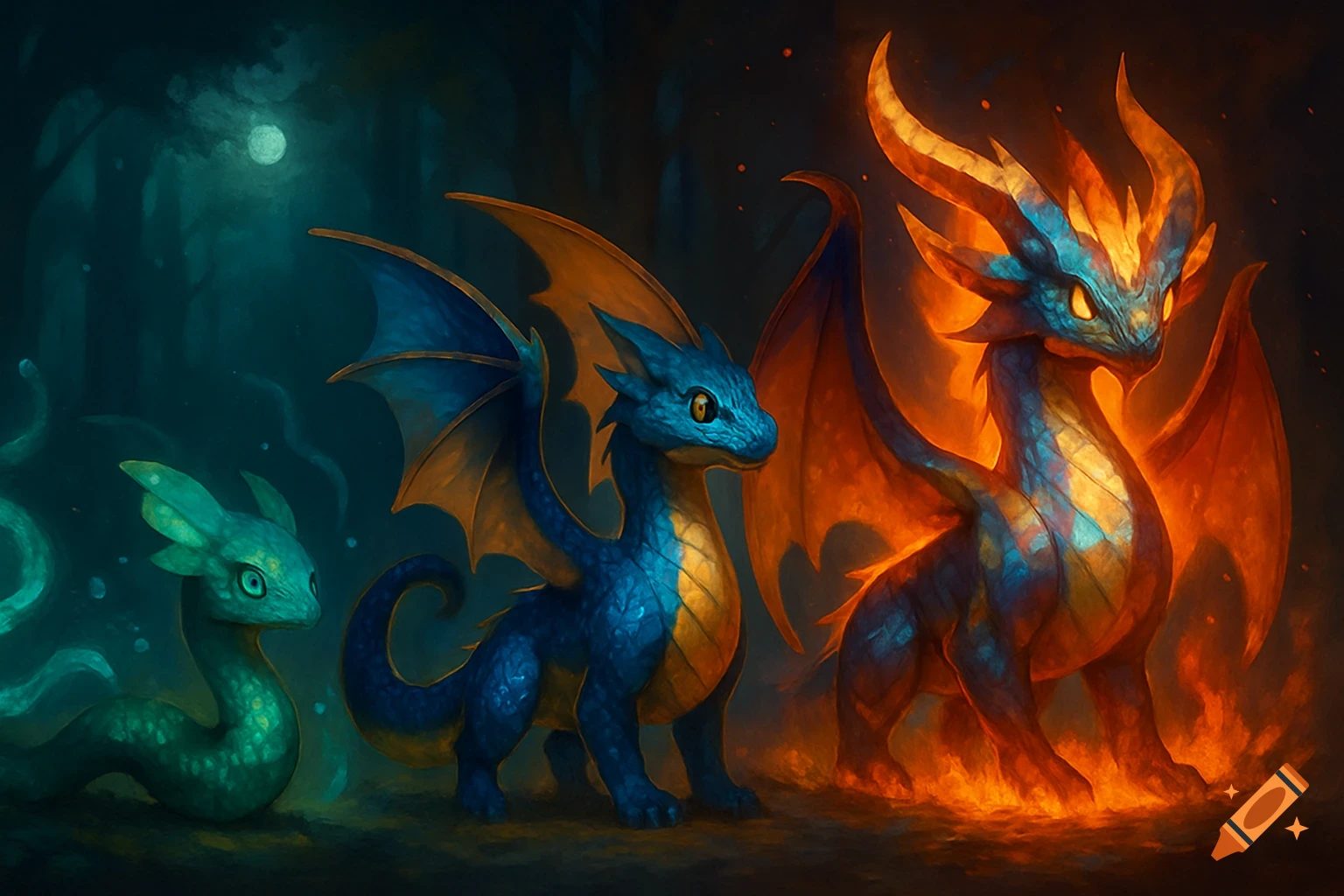 A progression of three stylized dragons evolving, starting as a green ...
