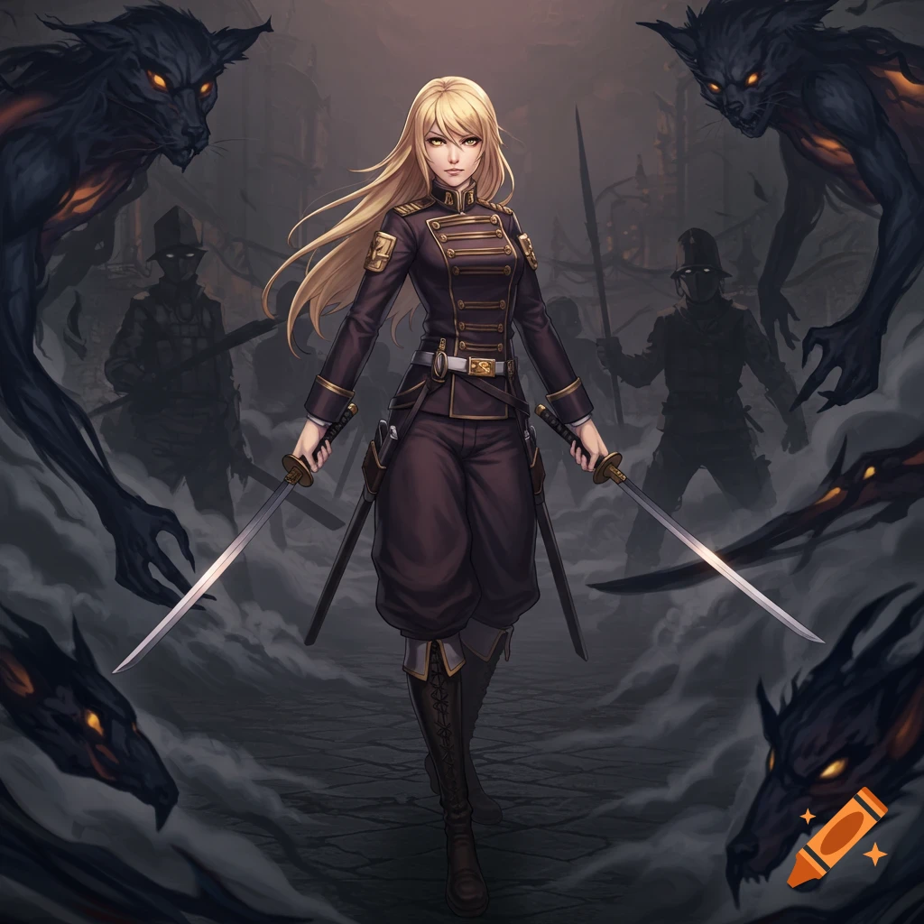 A confident blonde anime character in a dark military uniform stands ...