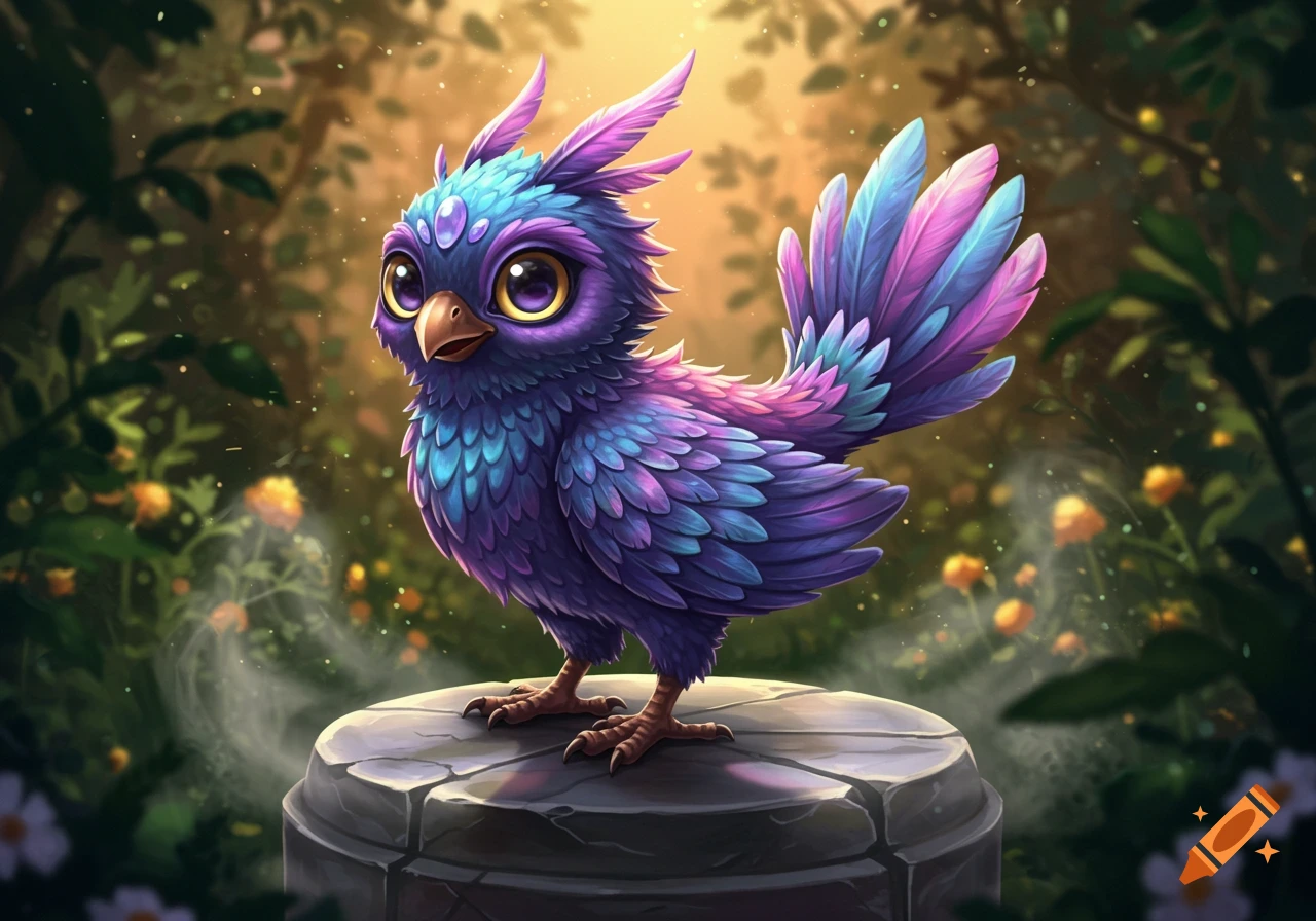 A vibrant, colorful fantasy bird with a feathered crest stands in a ...