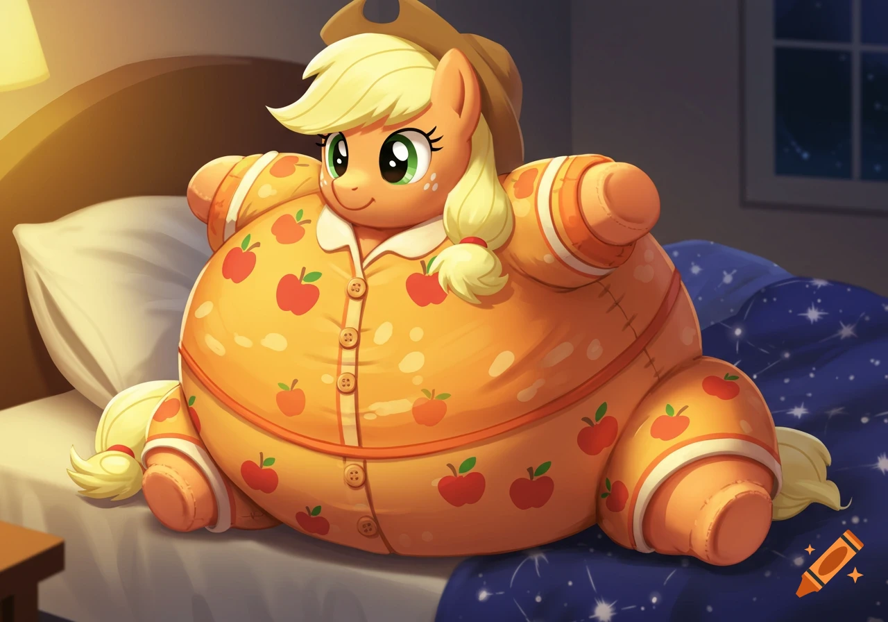 Applejack from My Little Pony in oversized, apple-patterned pajamas ...