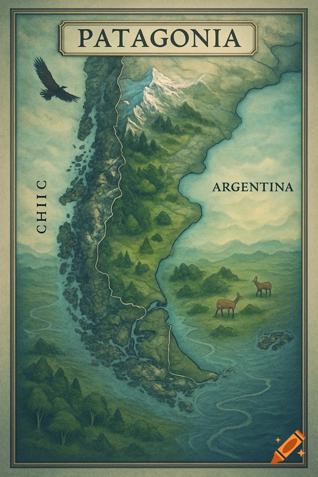 A vintage-style illustrated map of Patagonia, featuring mountains ...