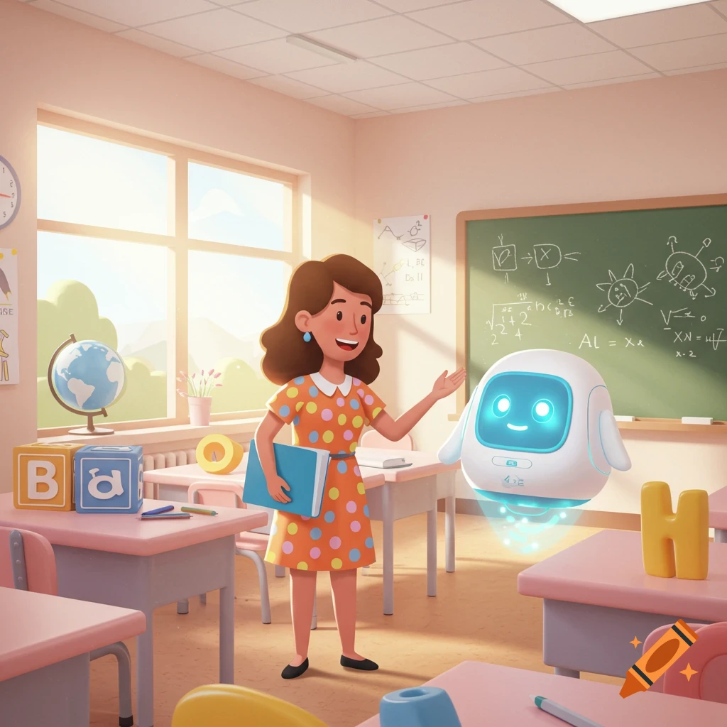 A cartoon female teacher in a classroom points at a floating white and ...