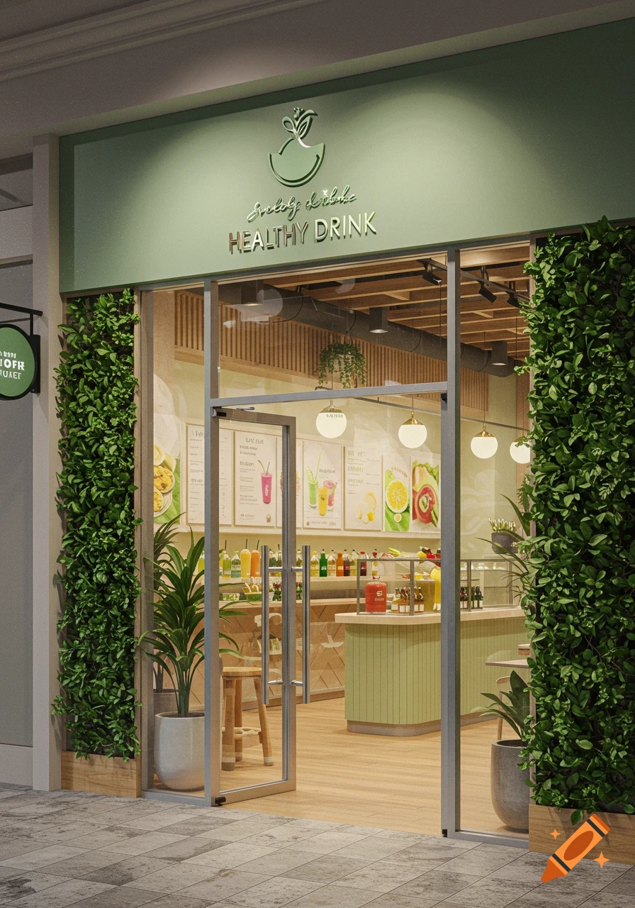 A photorealistic exterior view of a modern healthy drink shop with a ...