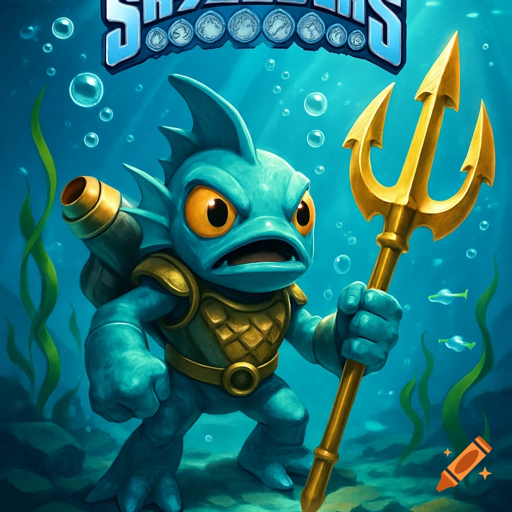 A blue fish-like cartoon character with orange eyes holds a golden ...