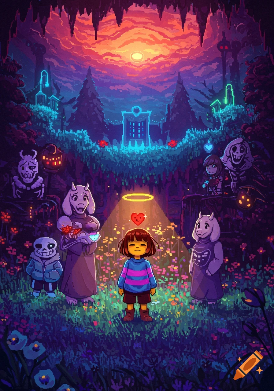 Pixel art of Undertale characters Frisk, Toriel, and Sans in a glowing ...