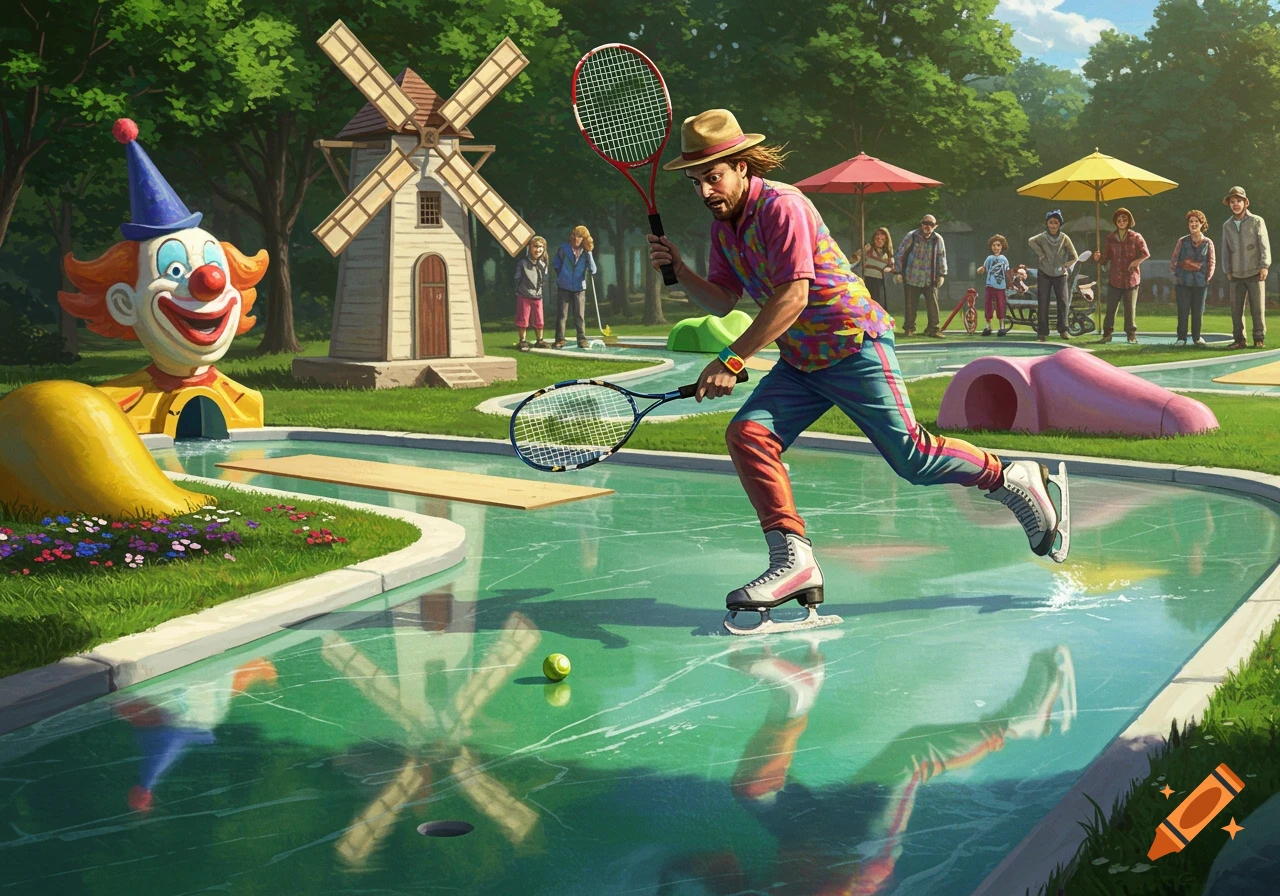 A man on ice skates plays mini-golf with a tennis racket on a course ...